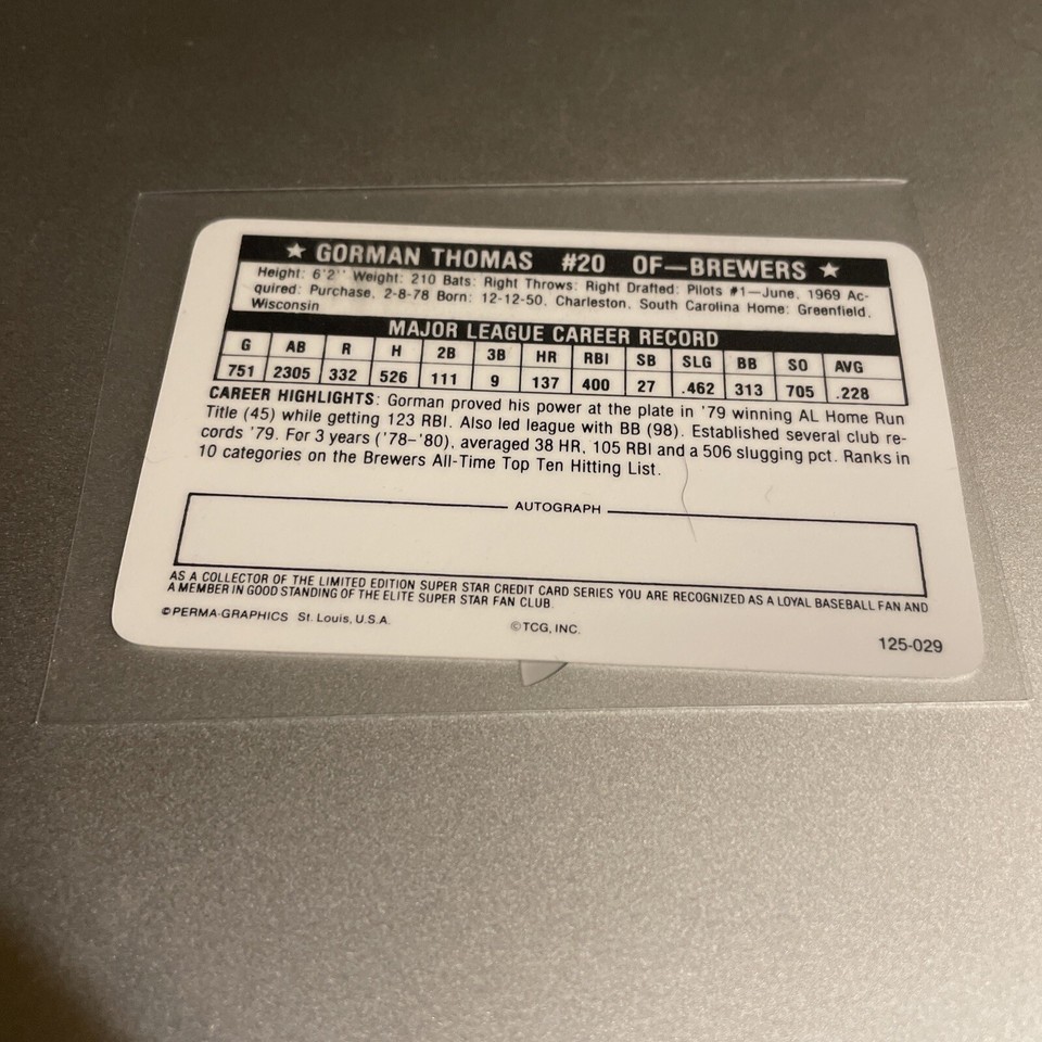 1981 Perma-Graphic Baseball Credit Card Gorman Thomas #20 (PH1) | eBay