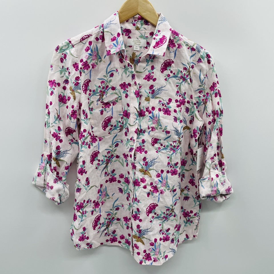 Charter Club Womens Size XS Floral Printed Button-Front Linen Top Pink ...