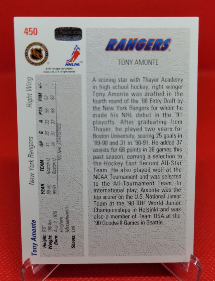 TONY AMONTE 1991-92 Upper Deck Hockey RC # 450 New York Rangers Rookie ...