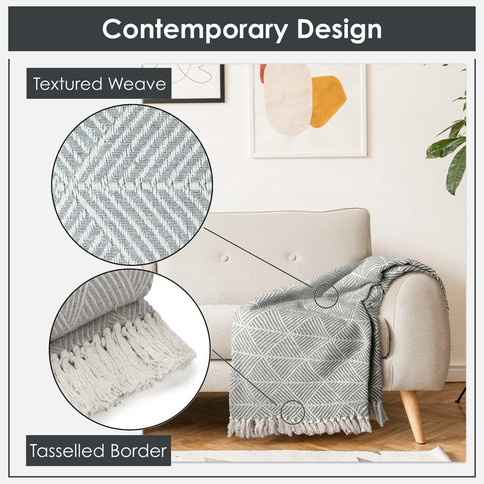 Throw Blanket for Sofas Couch Bed Runner Scandi Woven Soft Cotton Zahra ...