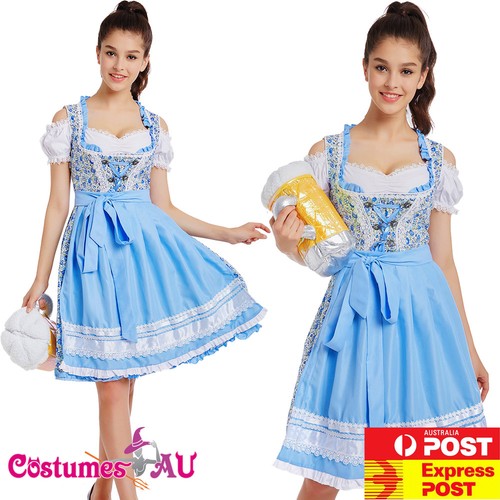 Ladies Oktoberfest Costume Blue Bavarian Beer Maid Wench German Fancy ...