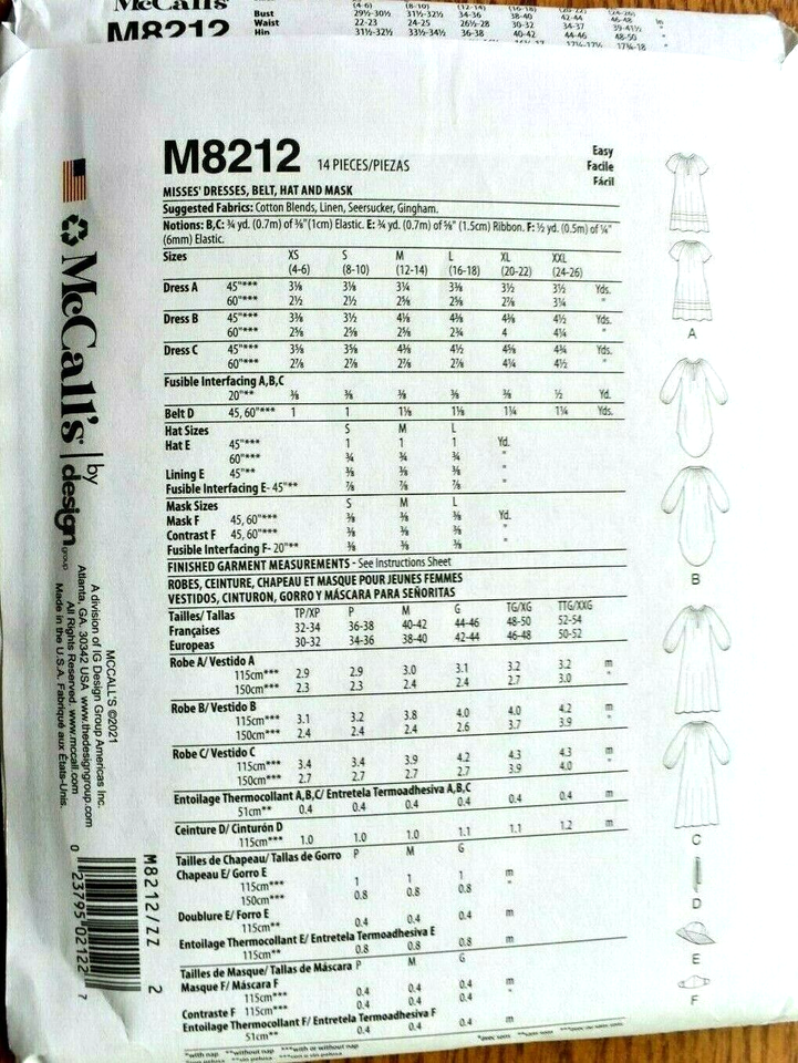 MCCALLS PATTERN 8212 DRESS HAT MASK MISSES SIZES XSMALL SMALL MEDIUM ...