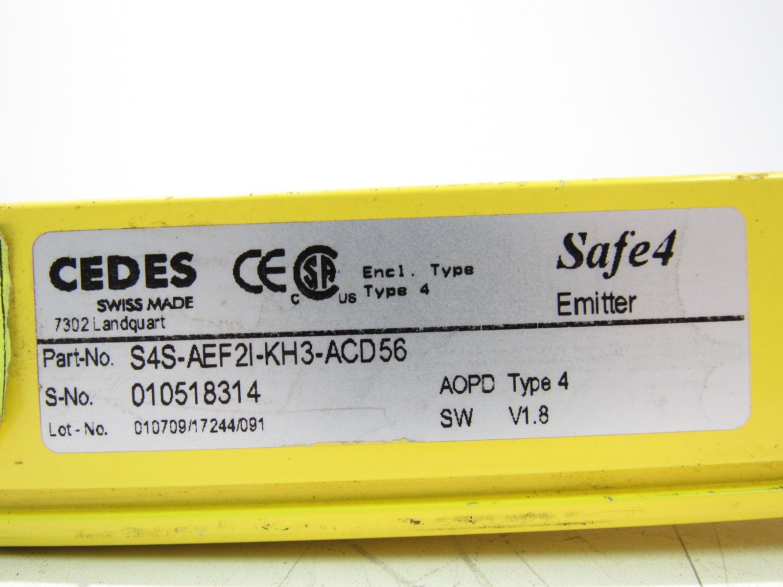 CEDES SAFE 4 S4S-AEF2I-KH3-ACD56 LIGHT CURTAIN EMITTER ONLY!! 24VDC ...