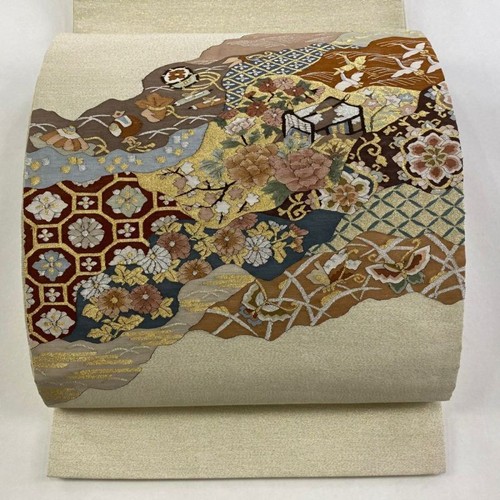 Japanese Silk Fukuro obi Cream Imperial ox cart Grass and flowers ...