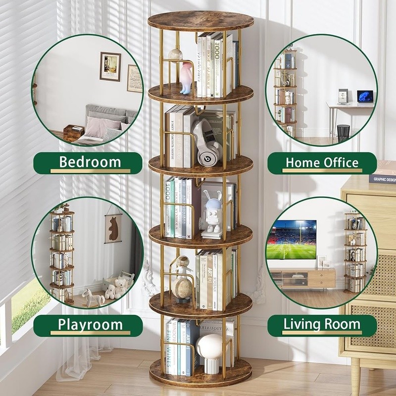 360° Rotating Bookshelf 5 Tier Adjustable Storage Display Rack Floor ...