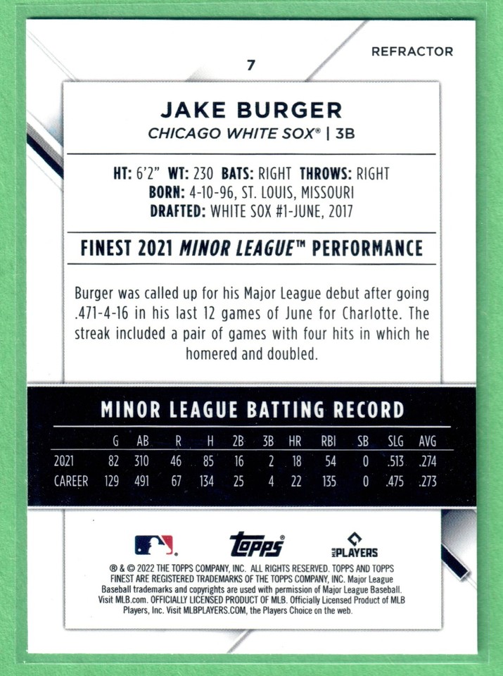 2022 Topps Finest Jake Burger Rookie Card Refractor #7 White Sox RC SP ...