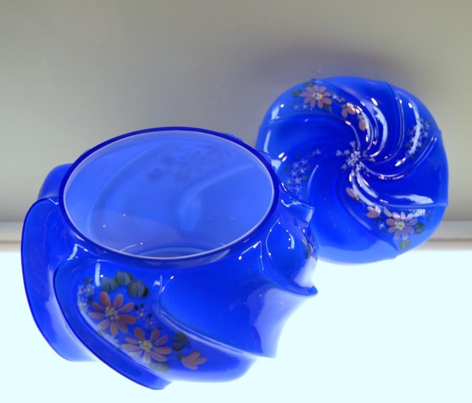 FENTON PUFF BOX Blue Overlay DAINTY PINK & BLUE FLORAL FREEusaSHIP | eBay