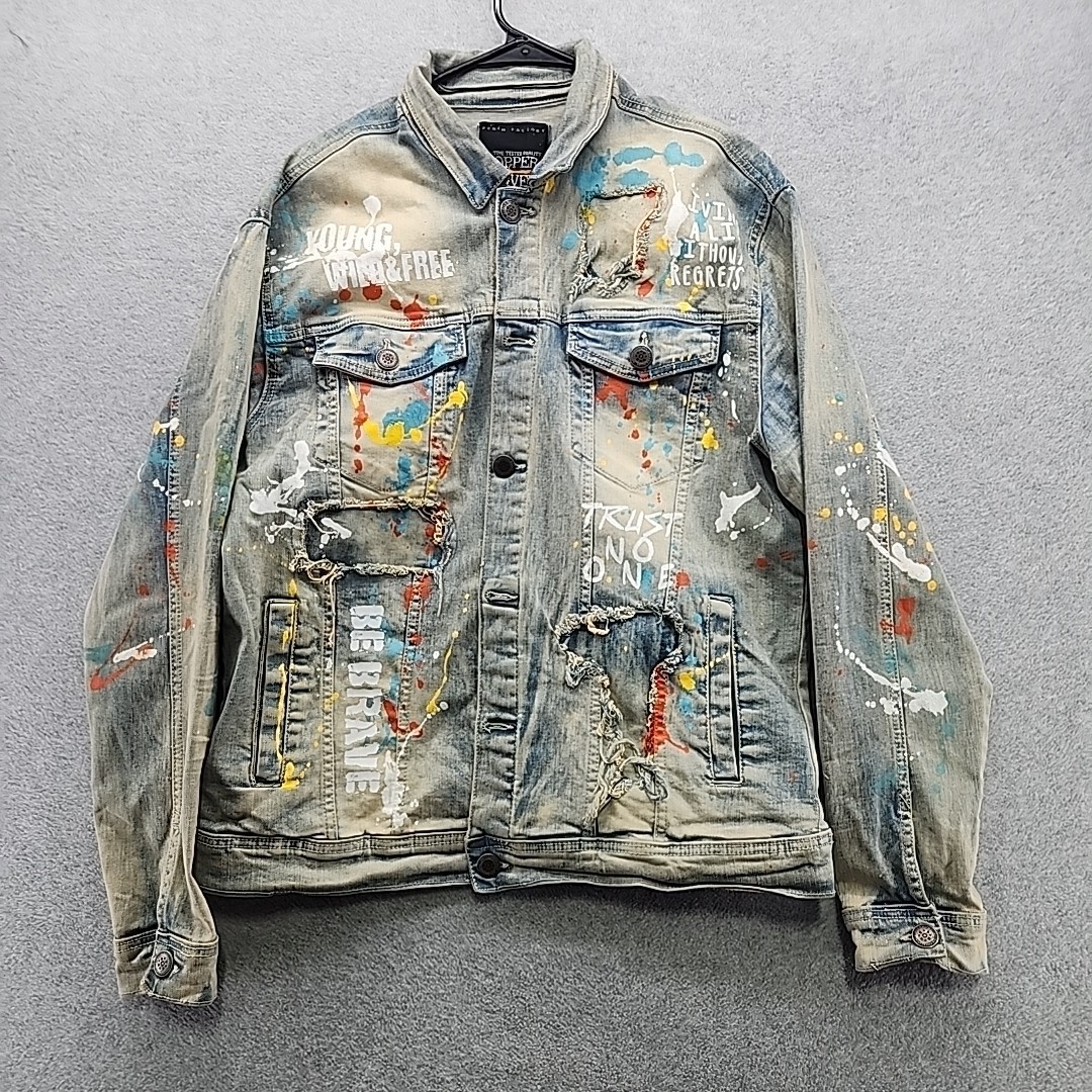 Copper Rivet Ripped Paint Splatter Men’s Denim Blue J… - Gem
