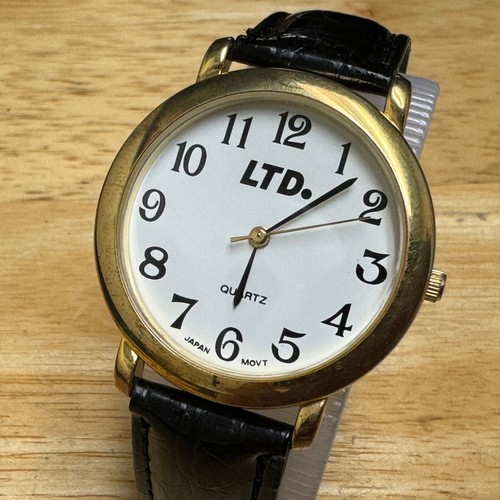 LTD Quartz Watch Men Gold Tone Japan Movt Easy Read Leather Analog New ...