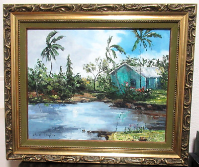 ELMA TAYLOR "ROYALTY FISH POND HILO" ORIGINAL OIL ON CANVAS LANDSCAPE ...
