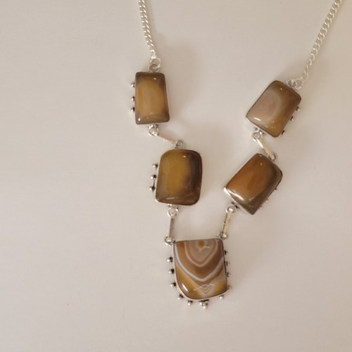 Sterling Silver Brown Banded Agate Necklace, 20 Inch Handmade Gemstone ...
