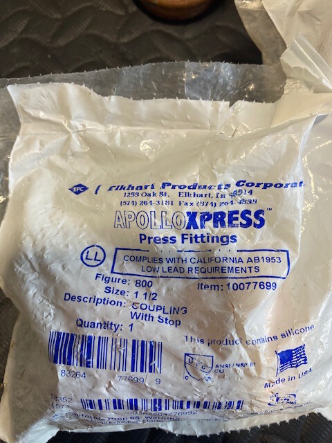 Apolloxpress 1 1/2" Press Fitting 10077699 Coupling With Stop for sale ...