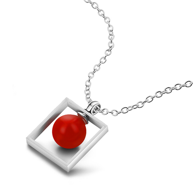 Solid 925 Sterling Silver Red Coral Square Pendant Chain Necklace 18 ...
