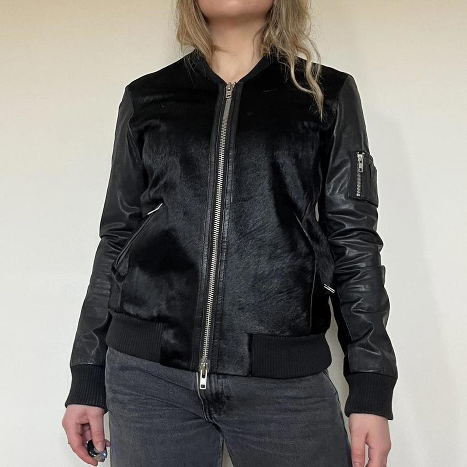 Vintage 00s double zip pony hair + real leather black bomber jacket | eBay