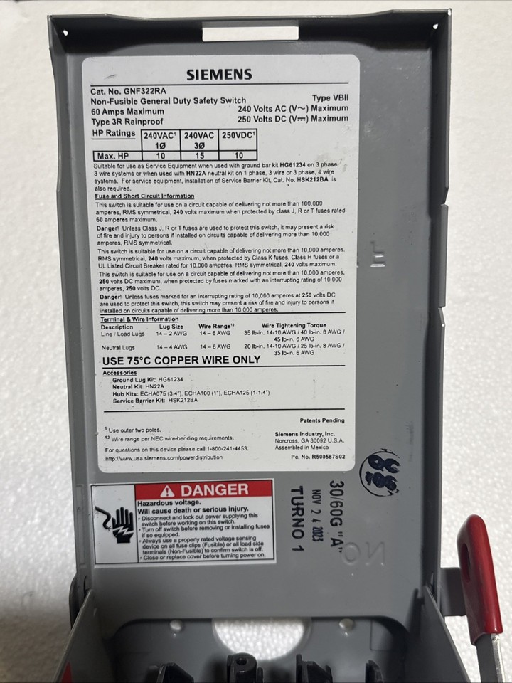 New - Siemens GF322NA 60 Amp 240 VAC 3 Pole NEMA 1 Indoor Fusible ...