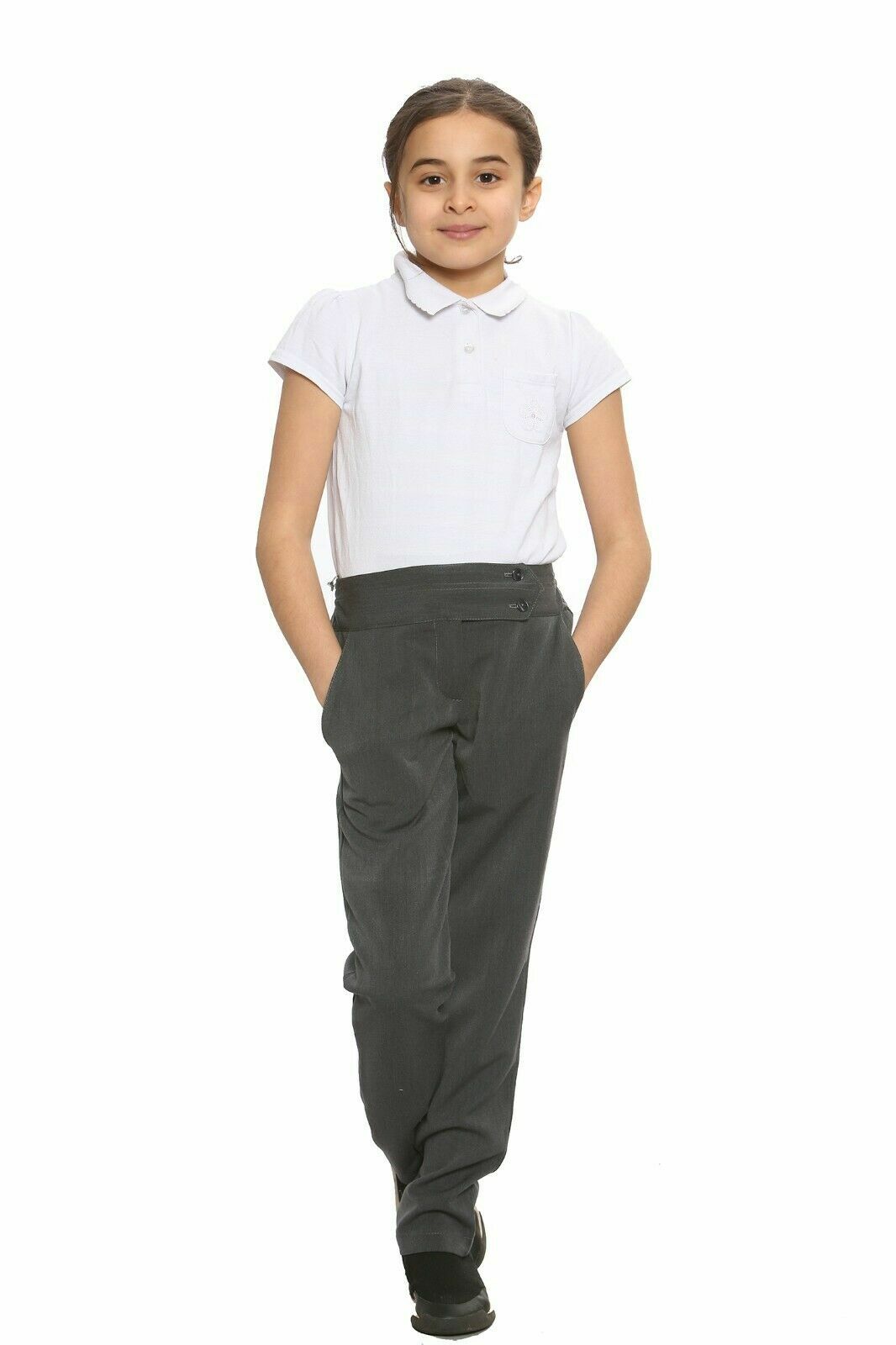 2 Button Front Belt Girls Half Elastic Waist School Uniform Trouser ...