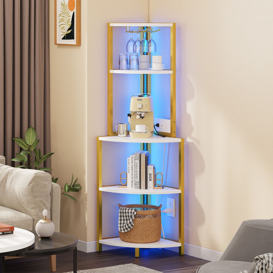 5 Tier LED Corner Shelf with Power Outlets and Glass Holder Corner ...