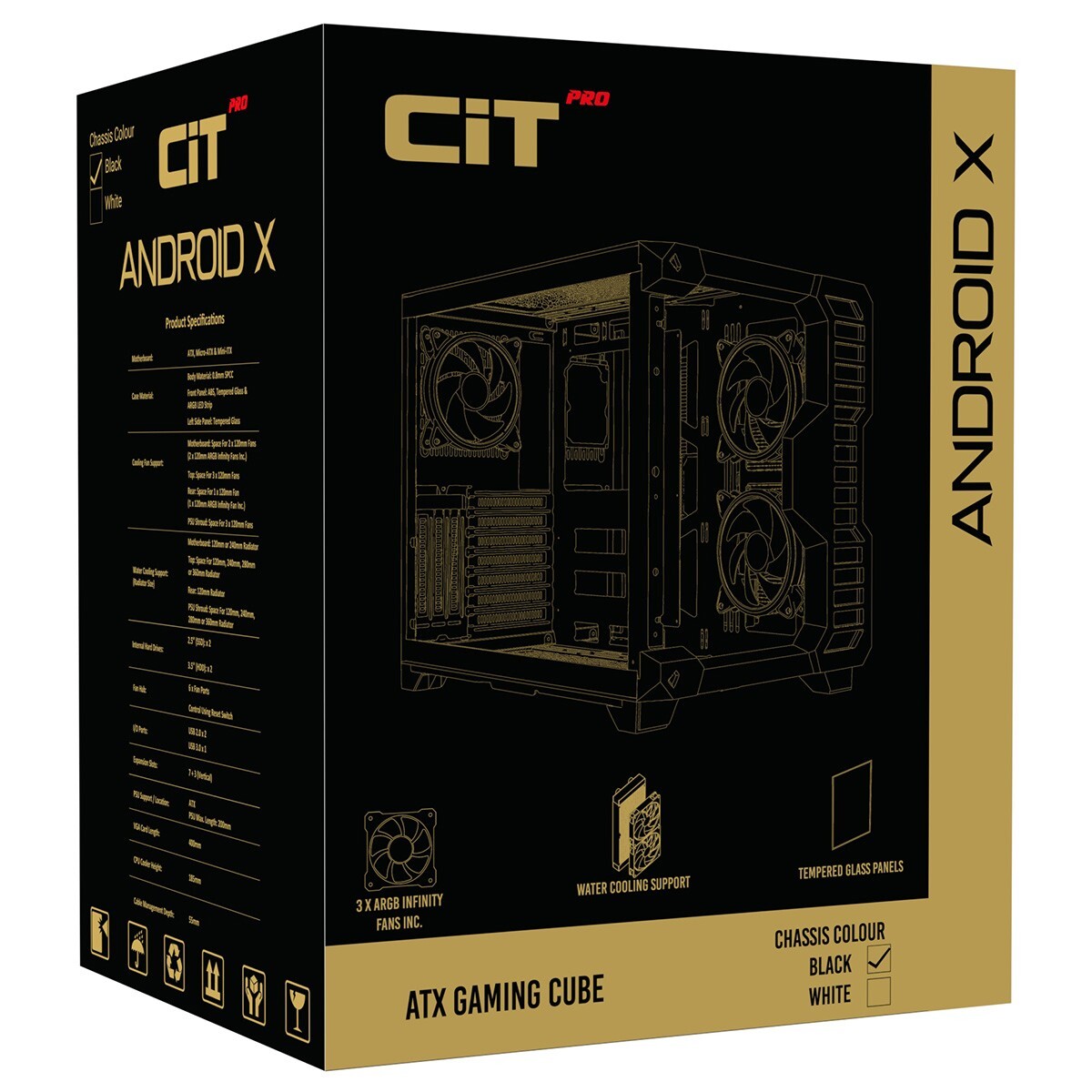 CIT Cube Gaming PC Case mATX 3x ARGB Fan LED Strip Tempered Glass Panel ...
