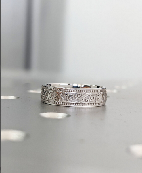 Features a Floral Milgrain Pattern Wedding Band In Real 10K White Gold ...