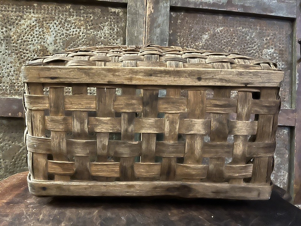 OLD Antique Split Oak Wood Primitive Farmhouse Gathering Basket NICE ...