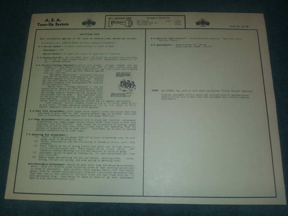 1946 PACKARD SUPER 8 TUNE-UP & SERVICE INFOMATION CHART / MODELS 2103 ...