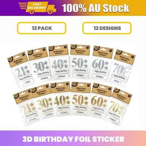 12PK 3D Birthday Foil Sticker Self Adhesive Gift Decor Gold Silver 12 ...