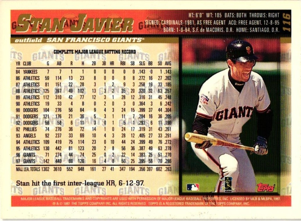 1998 TOPPS BASEBALL STAN JAVIER #116 CARD $0.99 VALUE BOX | eBay
