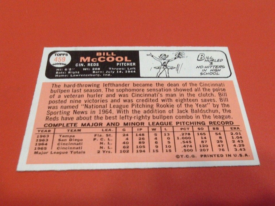 1966 TOPPS # 459 BILL McCOOL REDS NEAR MINT / MINT OR BETTER !! | eBay