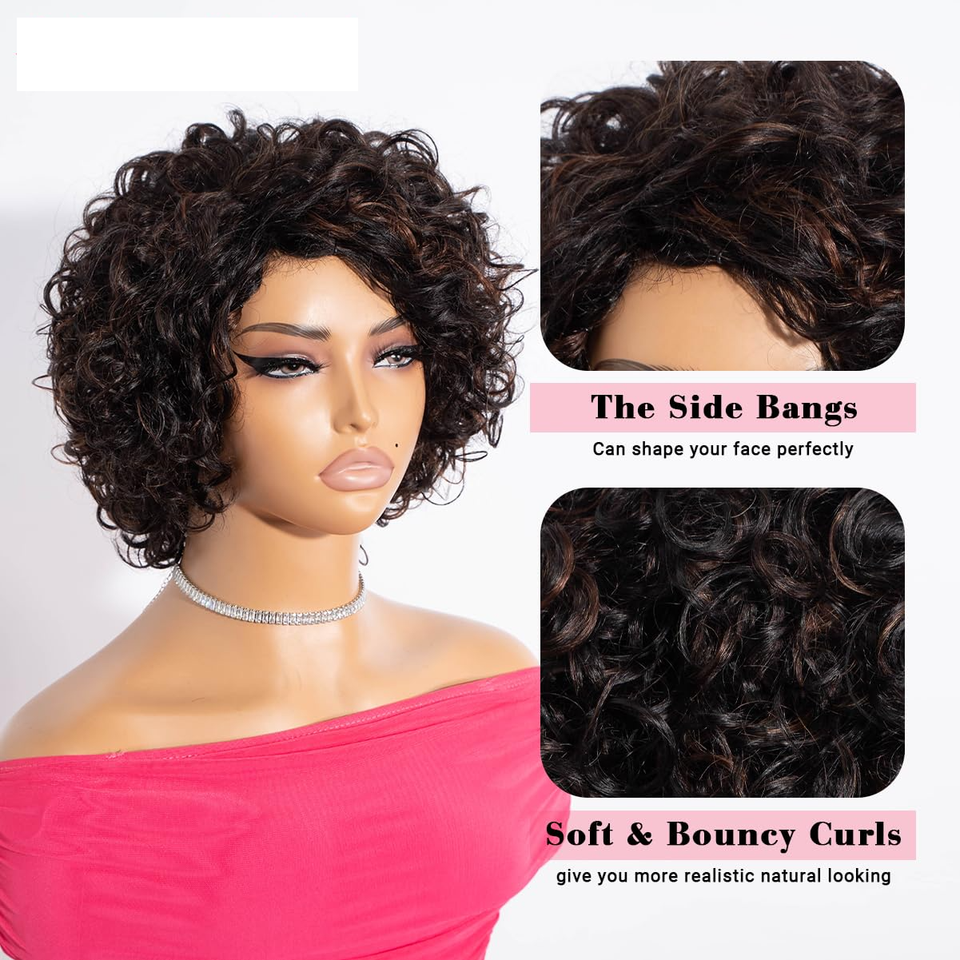 Short Curly Bob Wig Human Hair Side Part Glueless Non Lace Wig | eBay