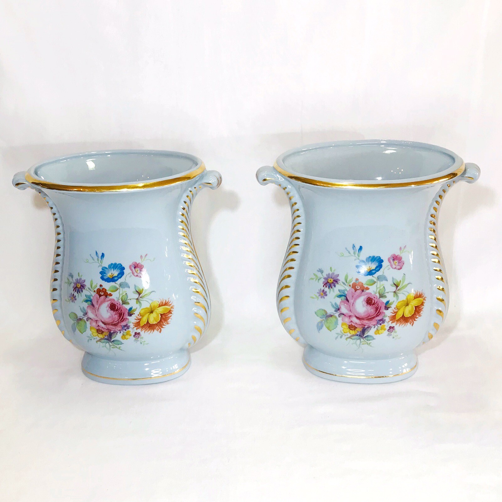 Pair Of Blue Princeton China Vases With Floral Design & Gold Vintage ...
