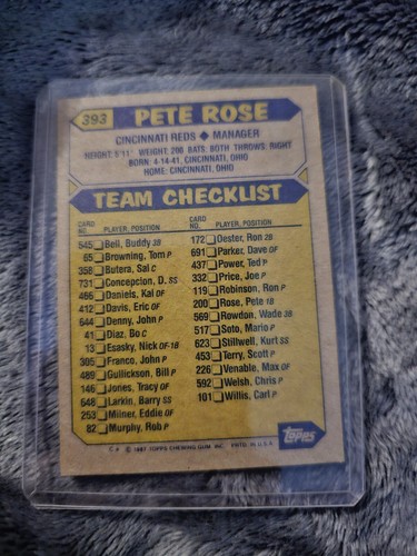 Pete Rose Manager 1987 Topps #393 Cincinnati Reds Baseball Card Mint ...