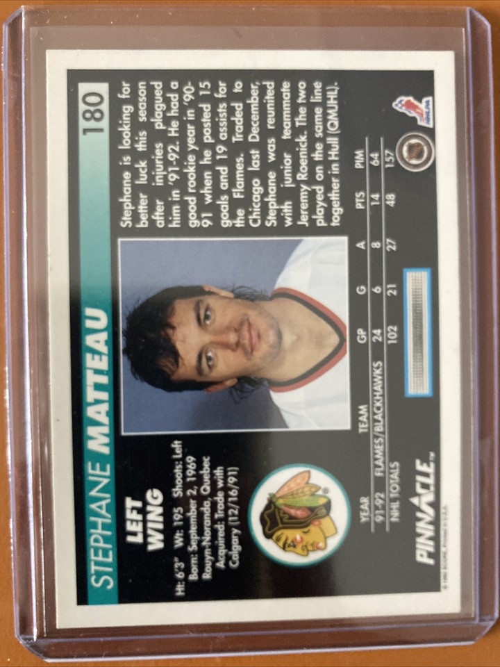 1992-93 Pinnacle Chicago Blackhawks Hockey Card #180 Stephane Matteau ...