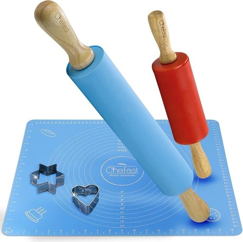 Chefast Rolling Pin & Pastry Mat Set 17”&8.5” Rolling Pins Silicone ...