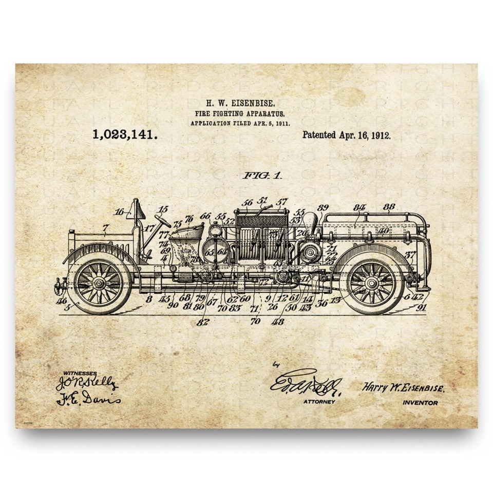 Fire Truck Patent Art Print Antique Fire Station Wall Decor Firefighter ...