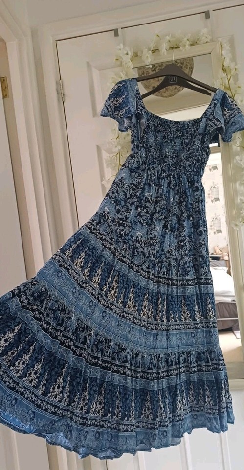 Pretty Blue White Floaty Boho Style Summer Midi Maxi Dress 👗 8 10 S ...