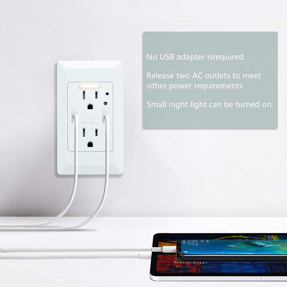 5PK Wall USB Charger Receptacle Outlet LED Night Light Tamper-Resistant ...