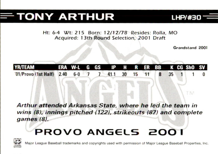2001 Provo Angels Grandstand #30 Tony Arthur Rolla Missouri MO Baseball ...