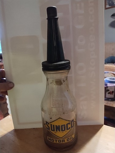 Vintage SUNOCO Glass Motor Oil Bottle Jar One Quart with Spout & CAP ...