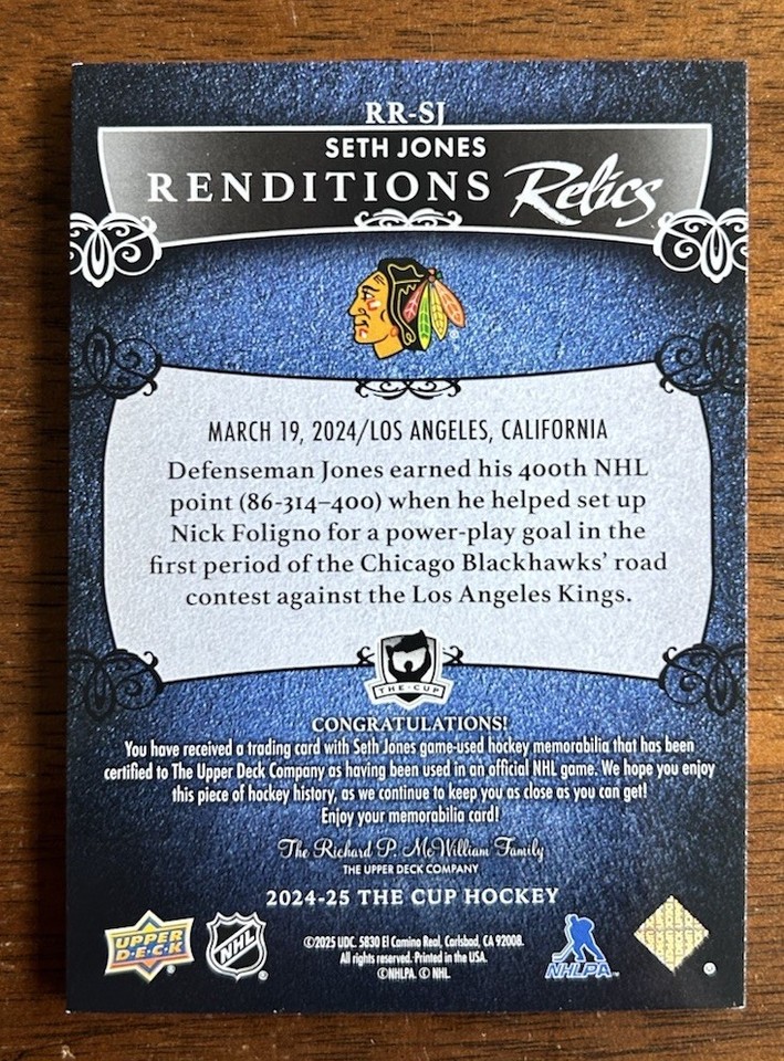 2024-25 The Cup Renditions Relics SETH JONES Patch # 04/10 Jersey ...