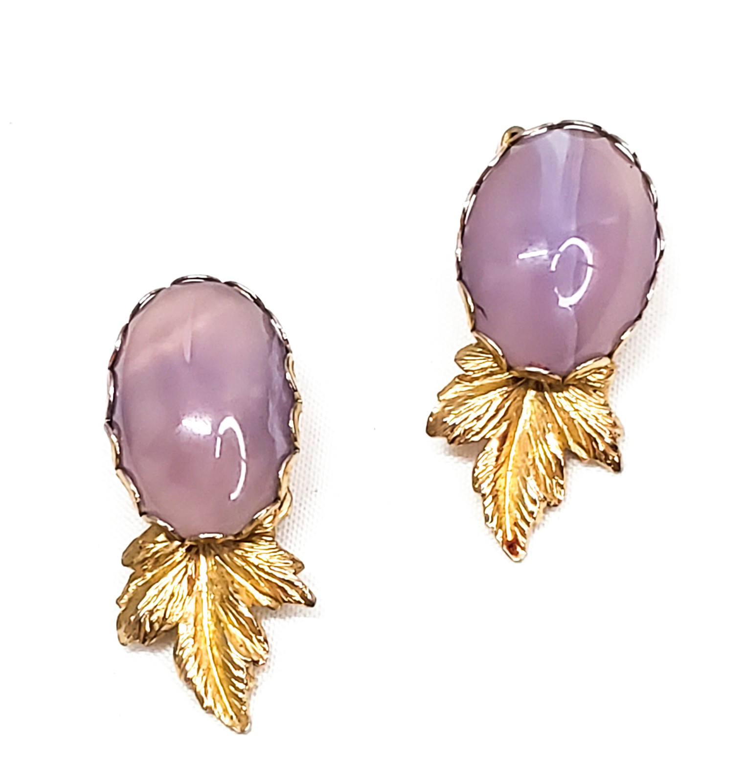 Purple agate gold toned clip on leaf earrings mid cen… - Gem
