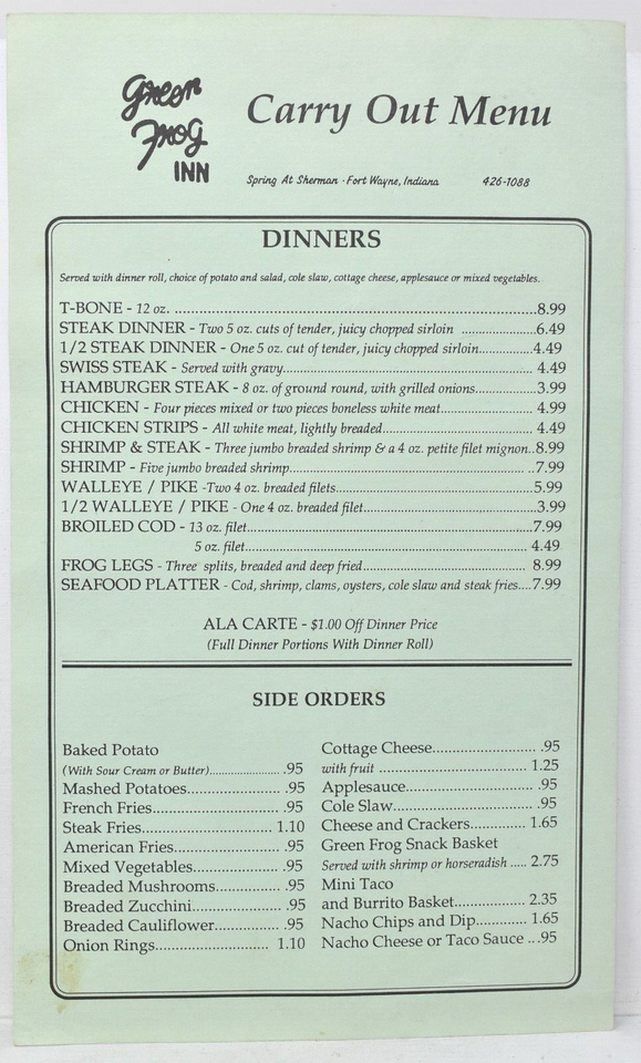 1980s Green Frog Inn Restaurant Menu Sherman Blvd & Spring St Fort ...