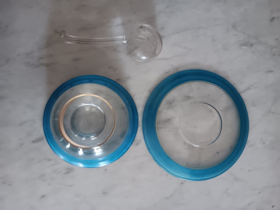 3pc Sky Blue & Gold Stripes On Clear Glass Mayo Set W/Replaced Spoon | eBay