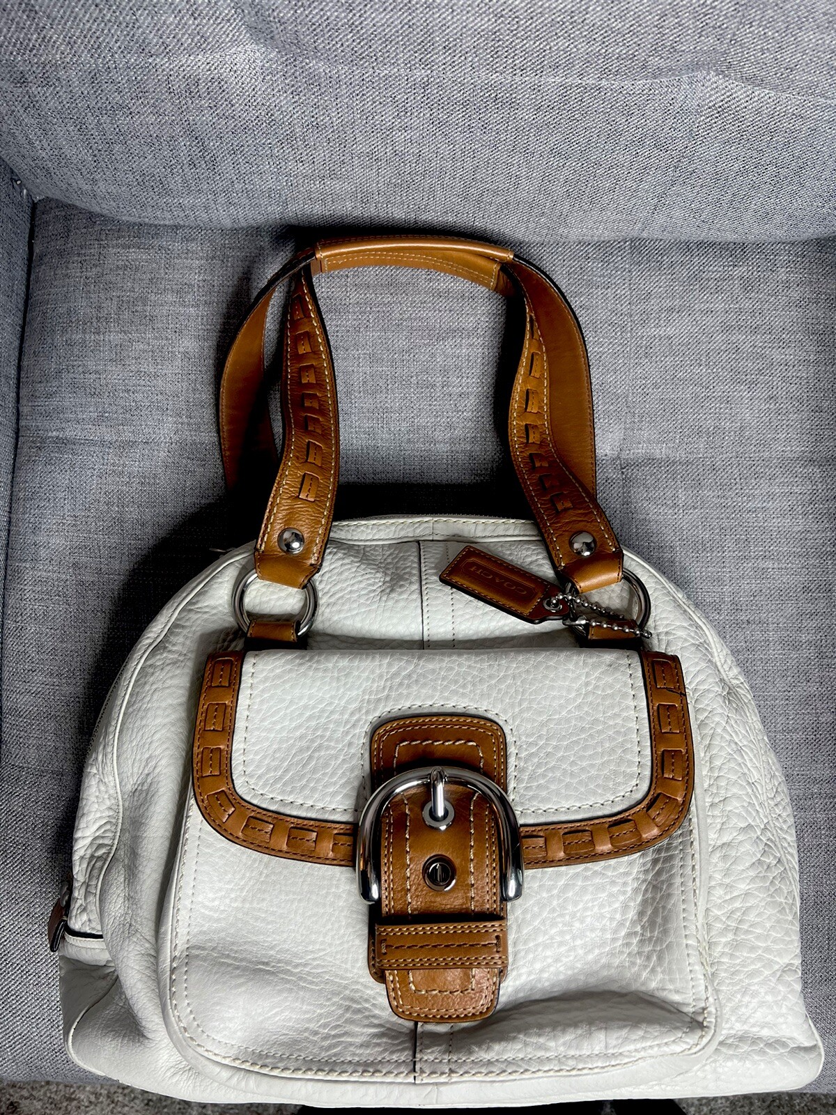 COACH K0893-F13111 PEBBELED LEATHER OFF WHITE BROWN SATCHEL PURSE BAG ...