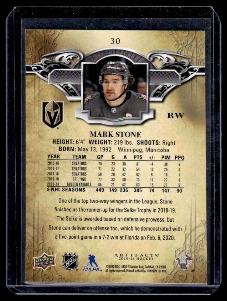 2020-21 Upper Deck Artifacts Autumn Mark Stone 63/75 Vegas Golden ...
