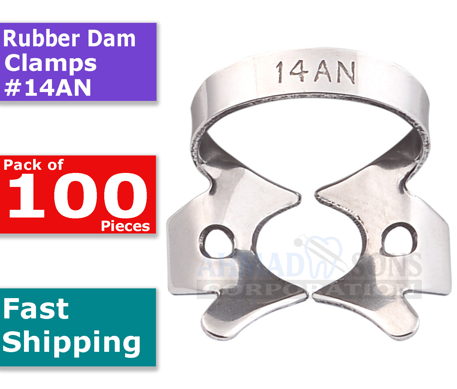 100 Pcs Endodontics Rubber Dam Clamps #14AN Dental Maxillary Winged ...