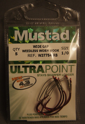 PACKAGE OF 5 MUSTAD WIDE GAP WEEDLESS WORM HOOKS SIZE 1/0 REF W37754-RB ...
