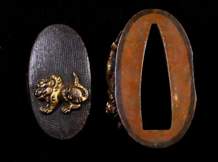 Fuchi Kashira Tiger Inlay Nanako Japanese Sword Fitting Edo Antique *No ...