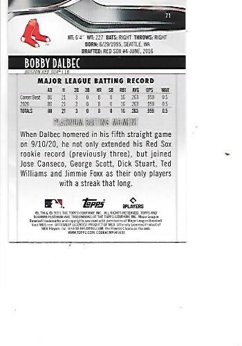 Bobby Dalbec 2021 Bowman Platinum Baseball Rookie Card #71 Boston Red ...