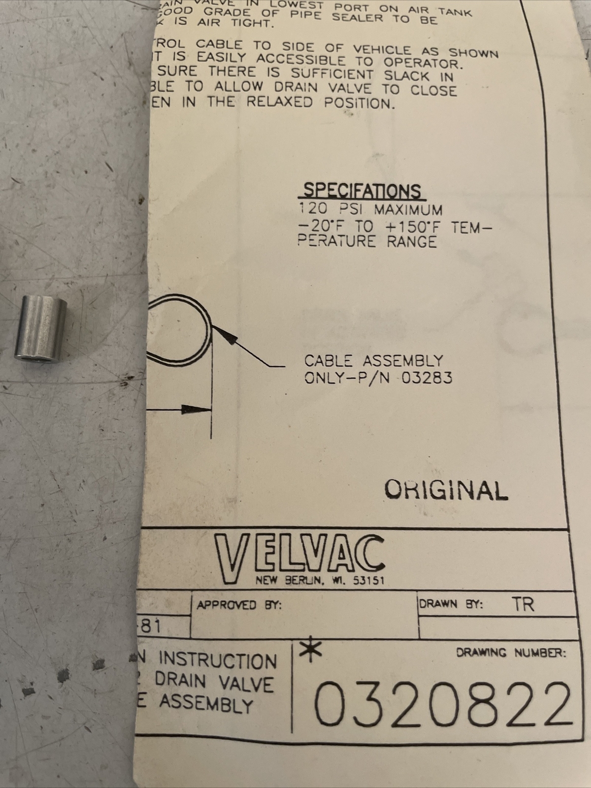 GENUINE VELVAC 032160 DRAIN VALVE WITH 5' CABLE WITH PULL UNASSEMBLED ...