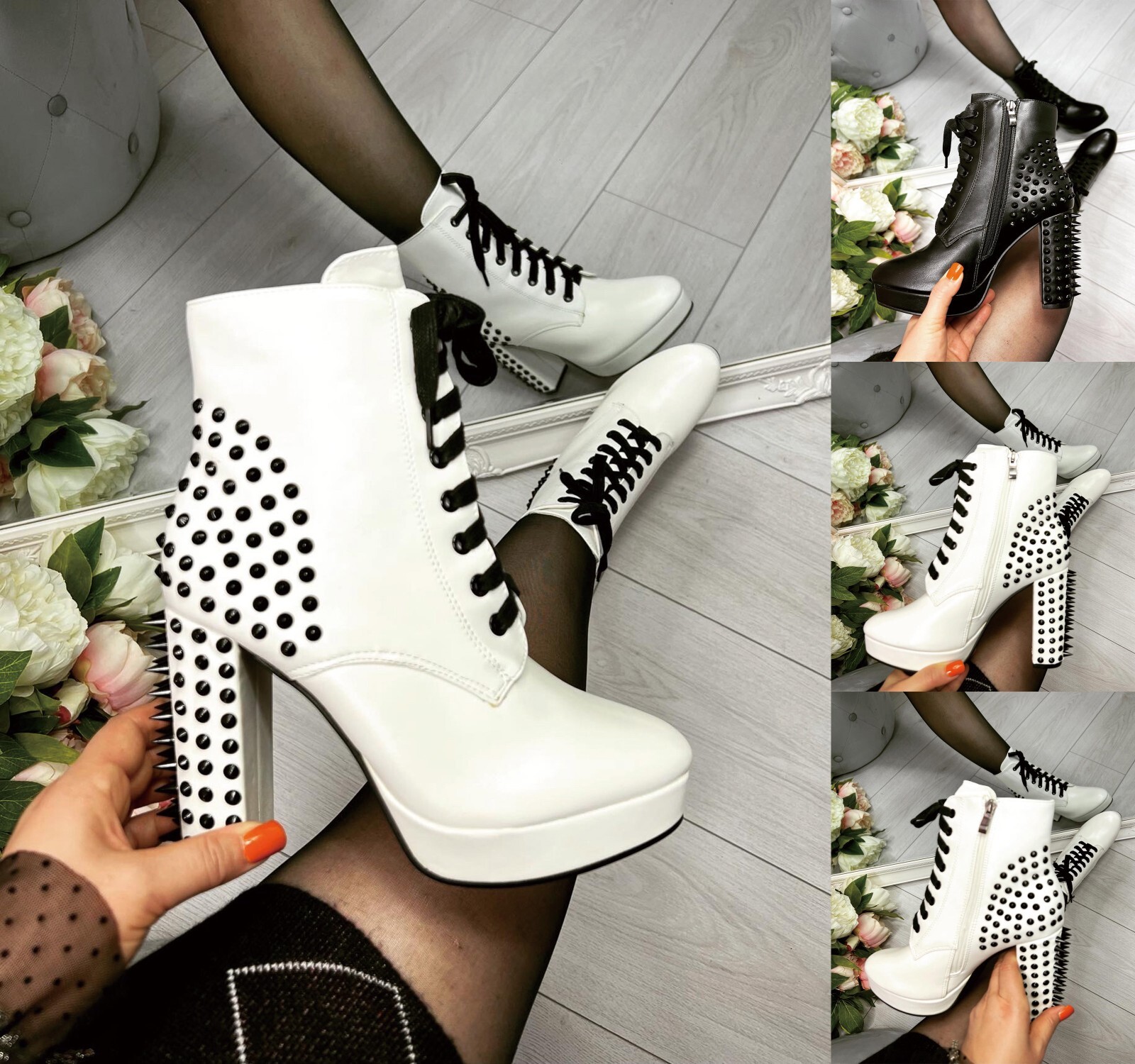 Women Ladies Ziped Ankle Boots Studed High Block Heel Office Platform ...